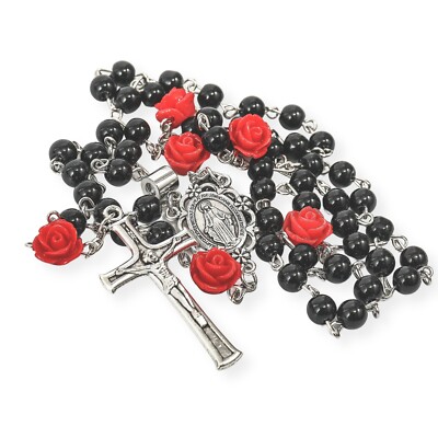 Black Pearl Rosary Beaded Chaplet Red Roses Beads Lourdes Medal & Cross ...