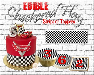Checkered Flag pattern Edible Cake Strips Sugar wraps toppers cupcakes ...
