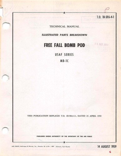 B-58 "Hustler" Free Fall Bomb Pod MB-1C Parts Catalog Flight Manual -CD ...