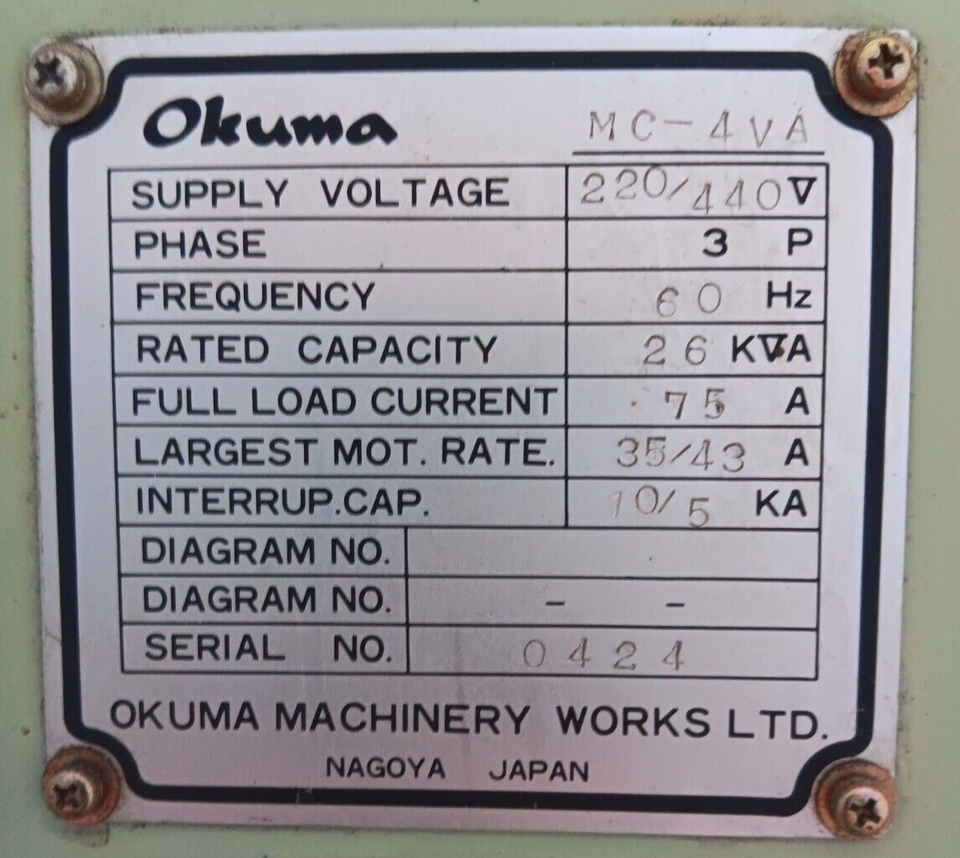 OKUMA CNC VERTICAL MACHINING CENTER MODEL MC-4VA SERIAL NO. 60100424 10 ...