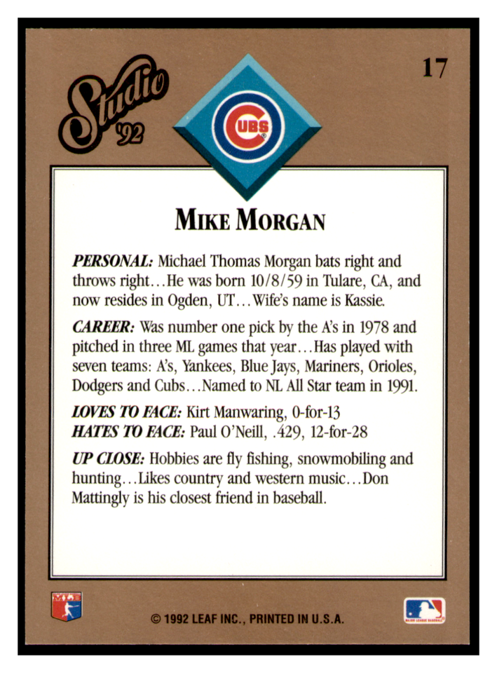 1992 Studio Mike Morgan #17 Chicago Cubs | eBay