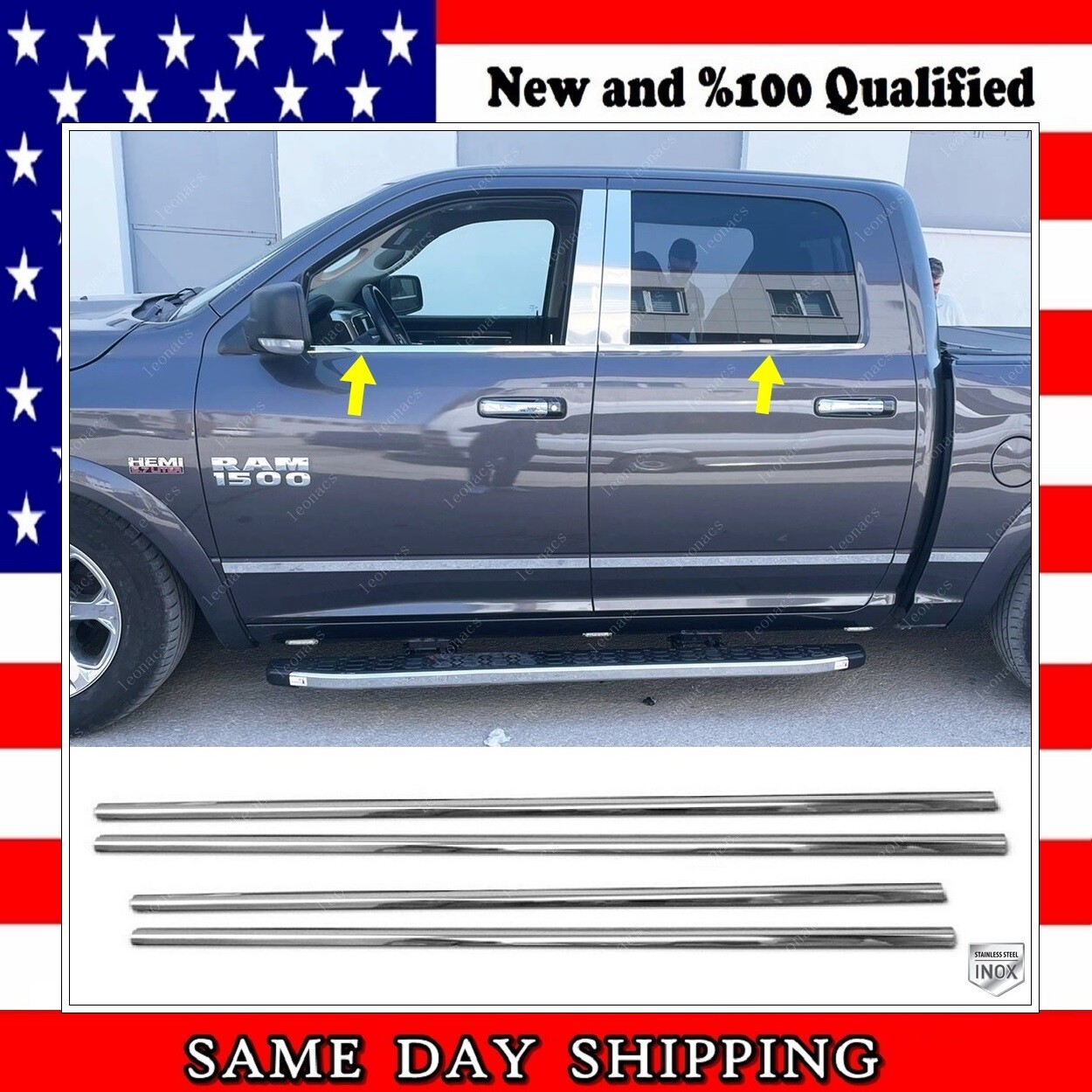 Chrome Window Sill Trim 4 door 4 pc S.STEEL For RAM CREW / MEGA CAB ...