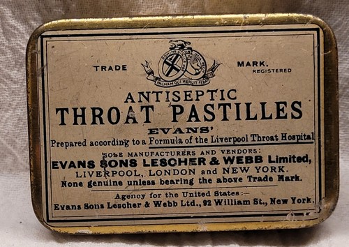 OLD EVANS SONS LIVERPOOL LONDON ANTISEPTIC THROAT PASTILLES TIN ...