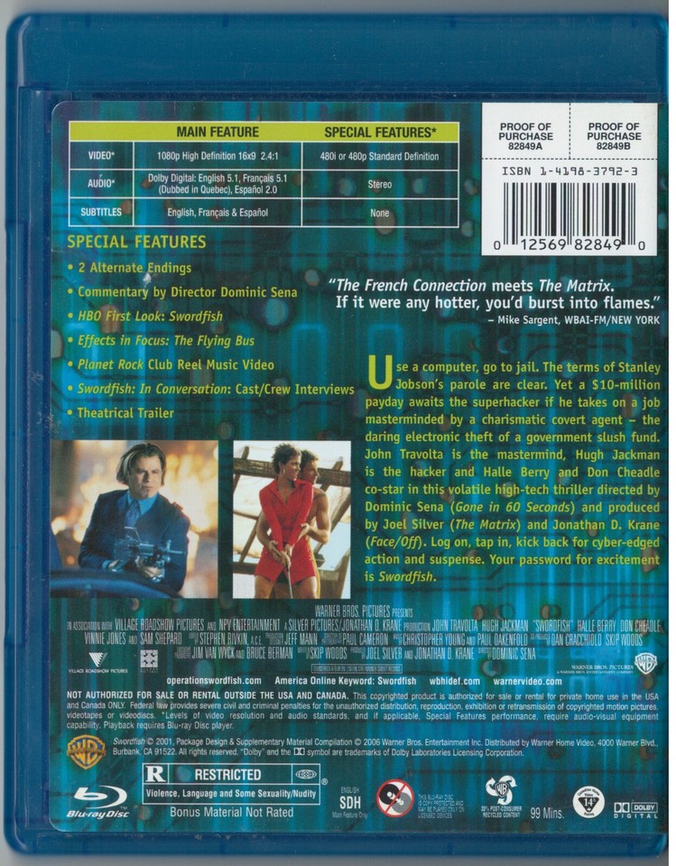 Swordfish Blu-ray 2001 Halle Berry Hugh Jackman John Travolta - Like ...