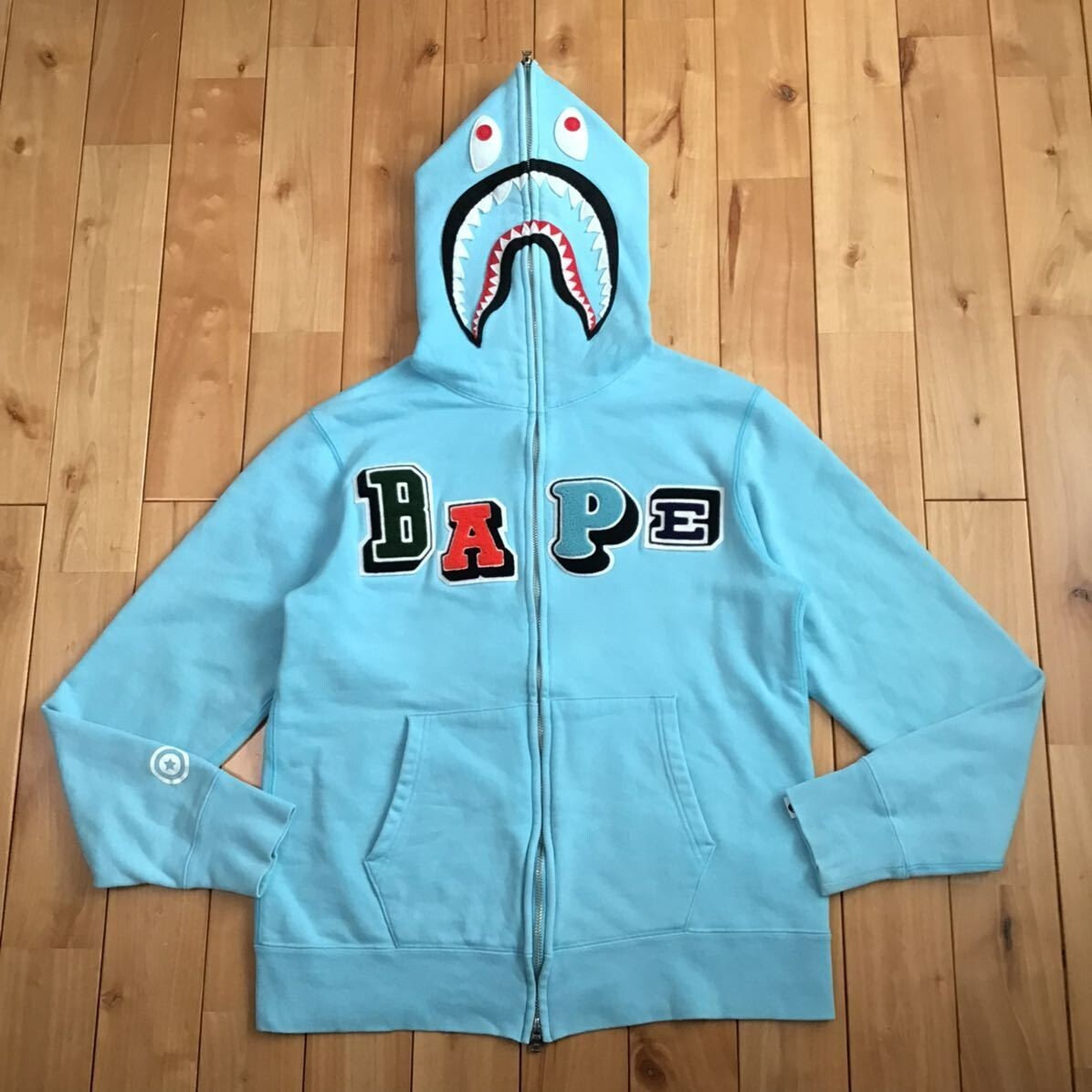 BAPE logo multi fonts shark hoodie light blue A Bathing Ape Size L | eBay
