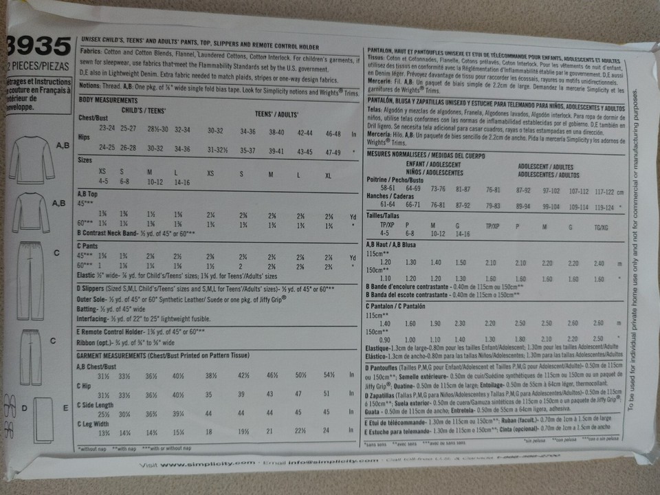 Simplicity Pattern 3935 Family Pajamas Unisex Child Teen Adult Pants ...