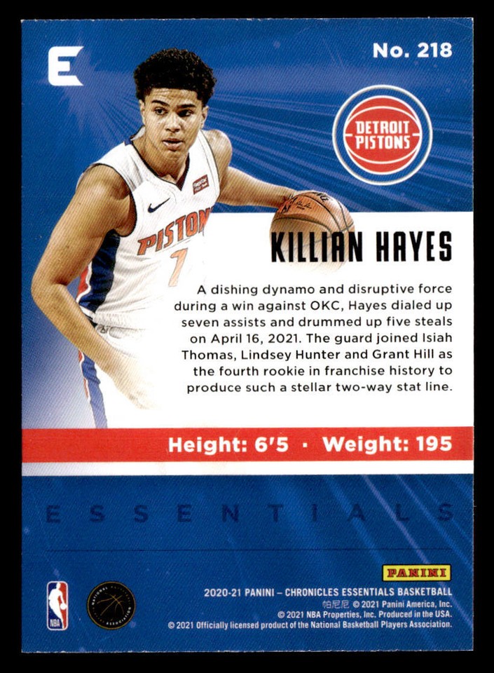 2020-21 Panini Chronicles #218 Killian Hayes Rookie Card Detroit ...