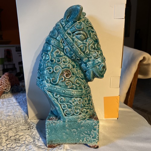 Rustic Horse Head Ceramic Statue 13” Tall Aqua Blue Equestrian Crackle ...