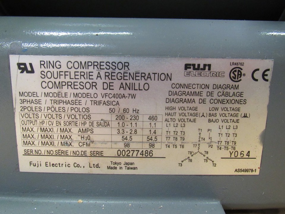 FUJI ELECTRIC RING COMPRESSOR REGENERATIVE BLOWER VFC400A-7W 3PH 200 ...