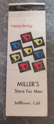 vtg MATCHBOOK MATCHCOVER Miller's Store for Men Bellflower CA ...