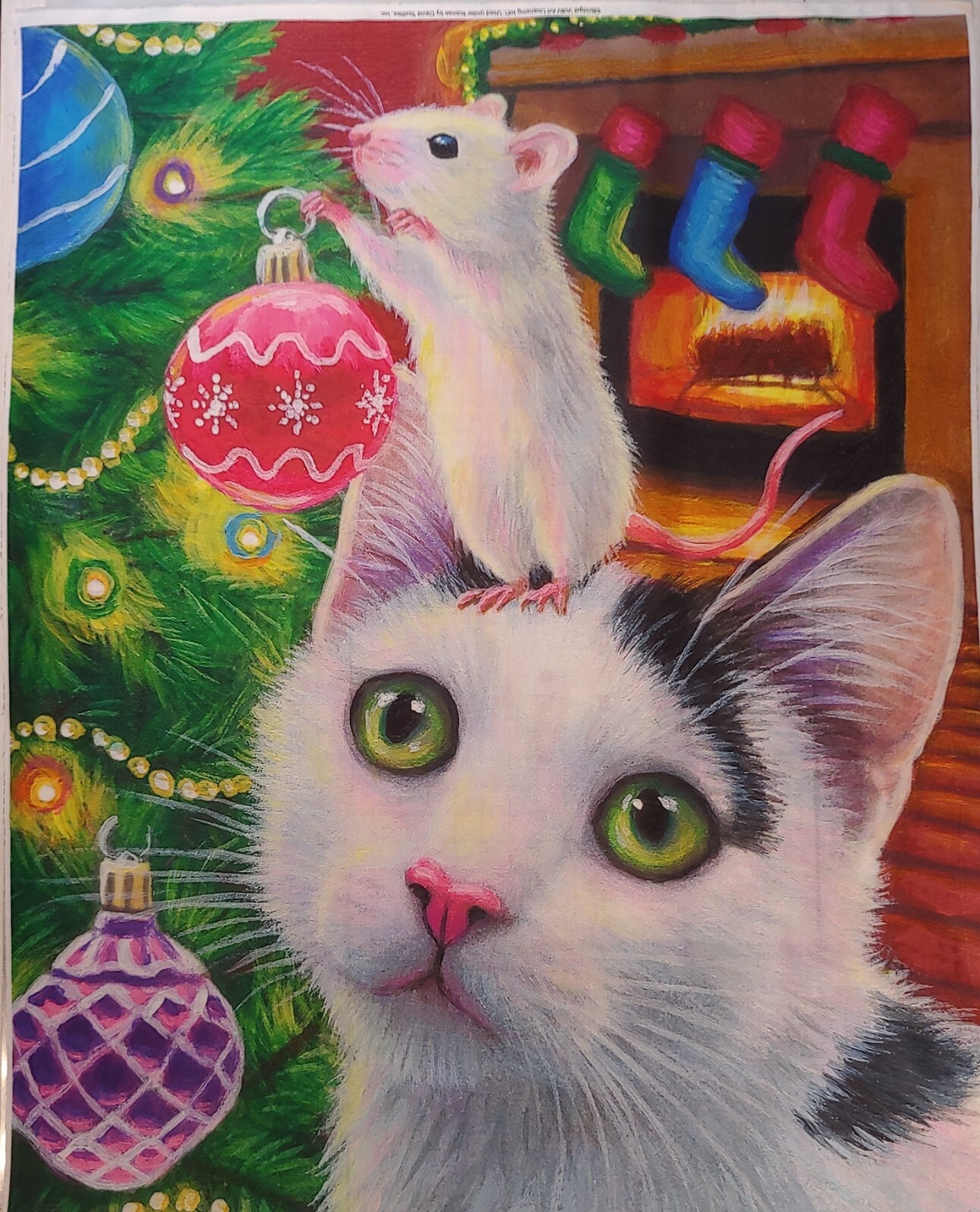Christmas Fabric Panel Cat Mouse Bridget Voth All Cotton Approx 1 YARD ...
