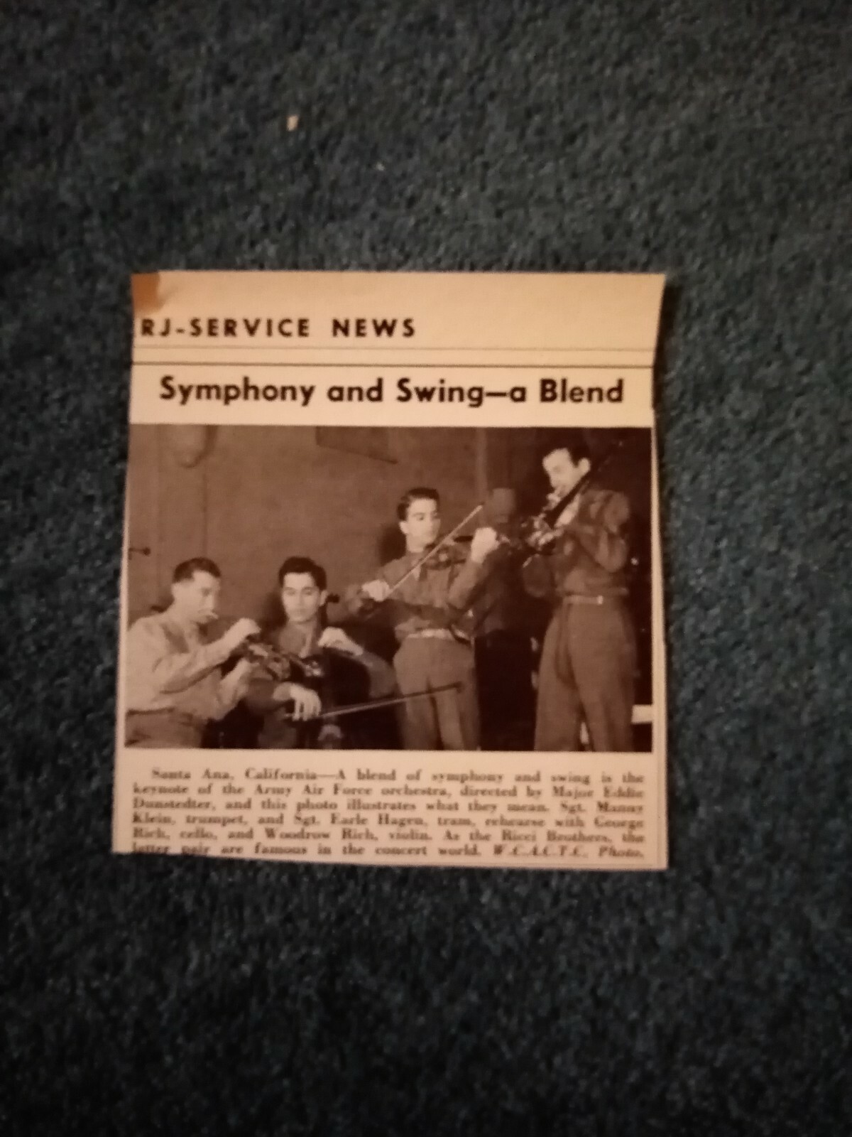 Di12 Ephemera 1943 jazz picture santa Ana manny klein earle hagen ...