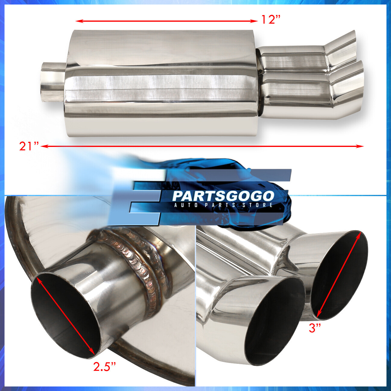 Universal JDM VIP Dual Up Turn 3" Tip 2.5" Inlet Stainless Steel ...