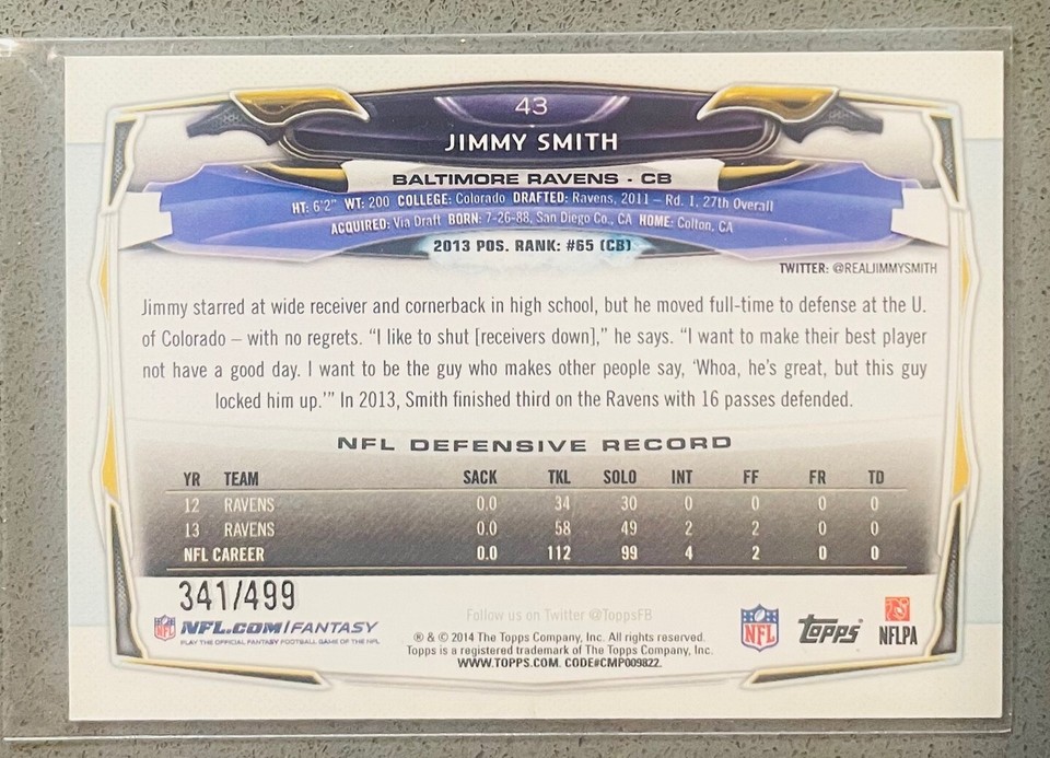 2014 Topps Football #43 Jimmy Smith /499 Pink Parallel Ravens | eBay