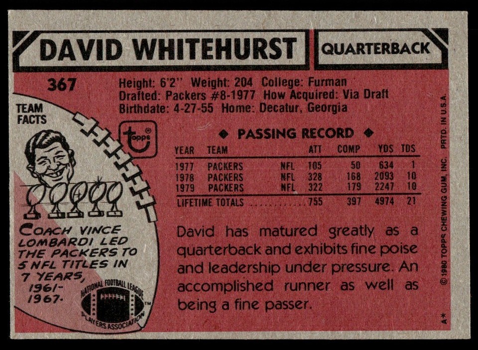 1980 Topps David Whitehurst Green Bay Packers #367 | eBay