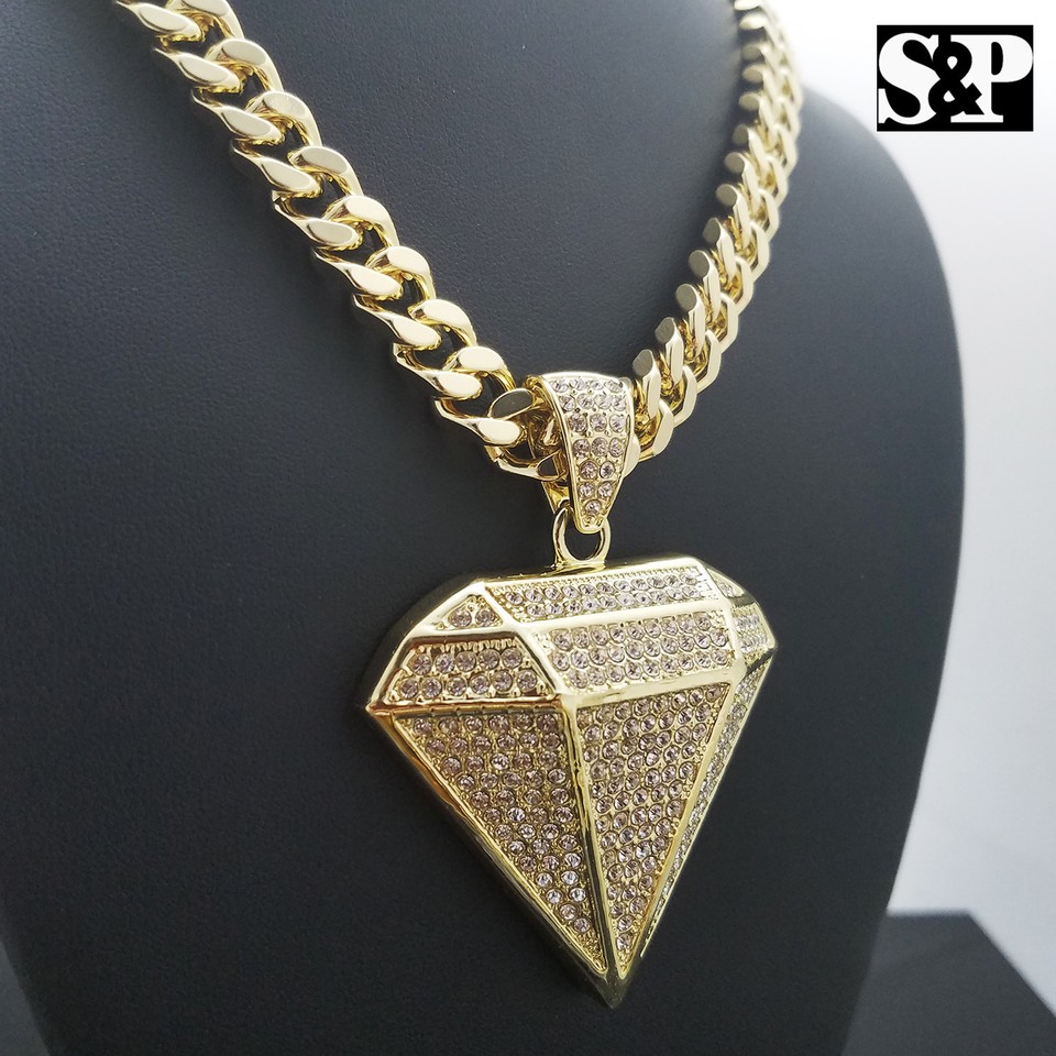 Gold Plated Alloy Cubic Zirconia Diamond Shape 30" Cuban Chain Hip Hop ...