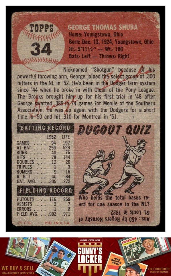 1953 Topps George Shuba 34 Brooklyn Dodgers | eBay