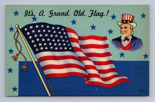 Uncle Sam "A Grand Old Flag!" Vintage Linen American Patriotic Postcard ...