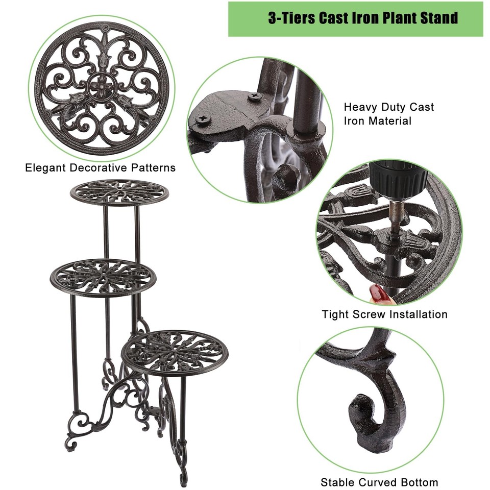 3 Tier Heavy Duty Cast Iron Plant Stand Foldable Wrought Iron Flower ...