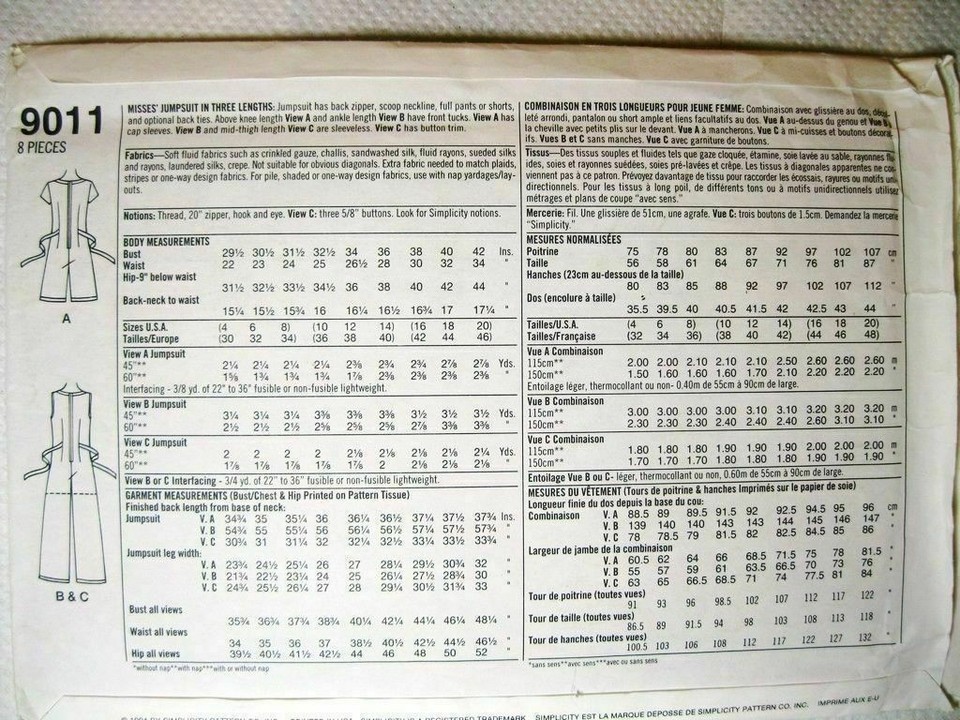 Simplicity 9011 JUMPSUIT in 3 Lengths Size 4-8 bust 39.5-31.5 UnCut ...