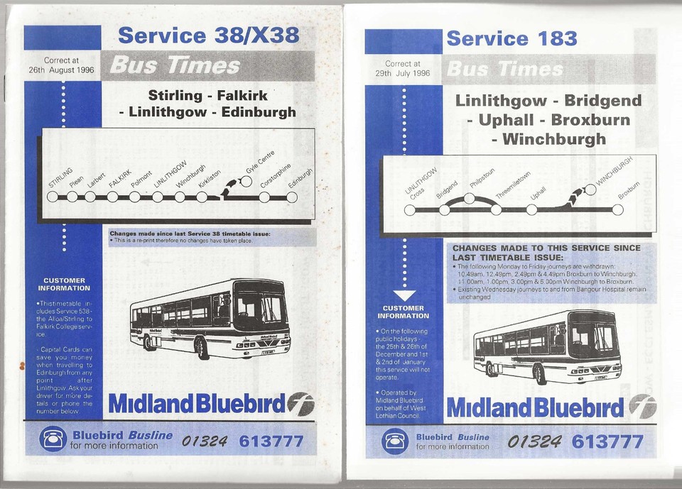 Midland Bluebird Scottish Bus Timetables Bundle (10) 1985/1986/1992 ...