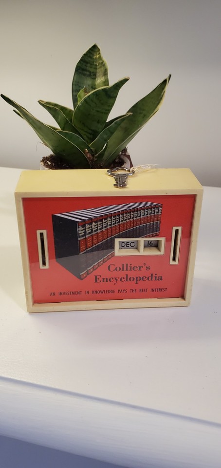 COLLIERS ENCYCLOPEDIA CALENDAR ADVERTISING STILL COIN BANK with Key | eBay