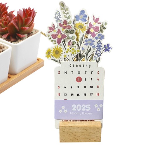 2025 Bloomy Flowers Home Desk Calendar Small Calendar With Wooden Base ...