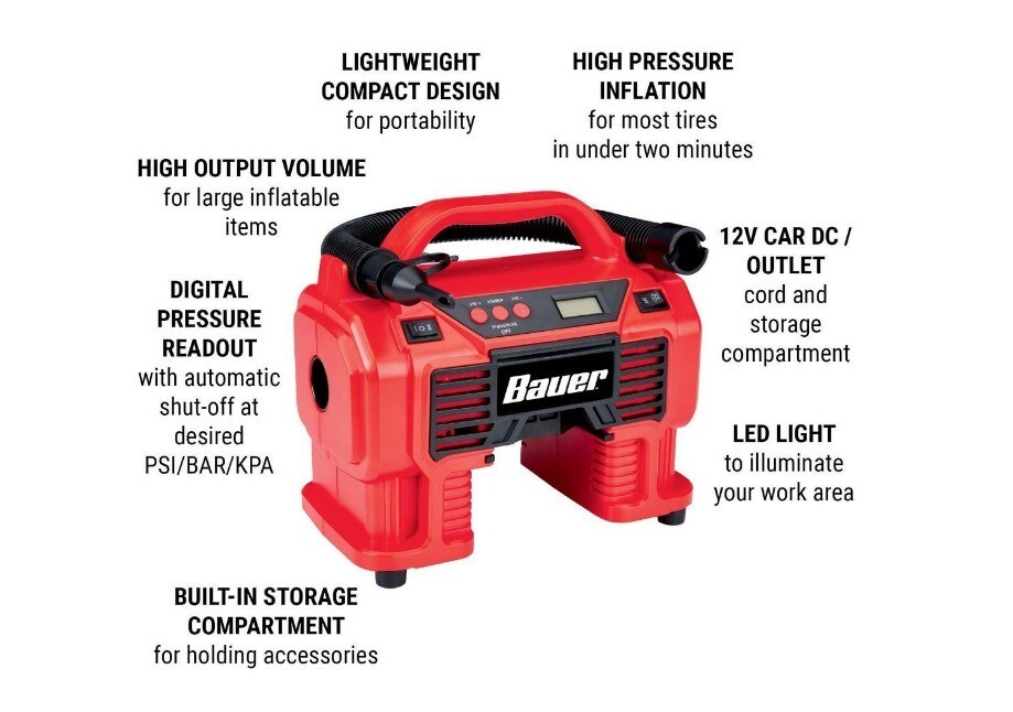 BAUER 20V Cordless 0-160 PSI Inflator/Deflator & 12V DC Power Option ...
