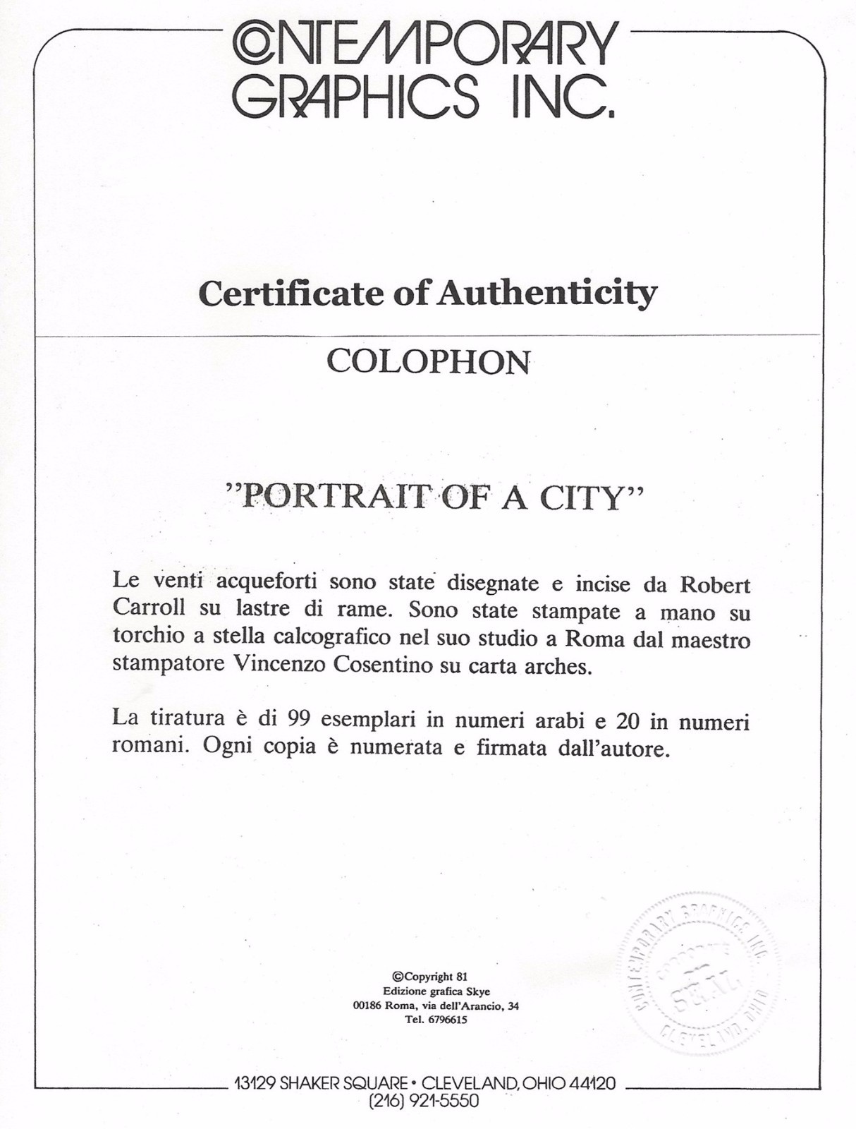 Robert Carroll "COLOPHON" Stone Lithograph Portrait of a City portfolio ...