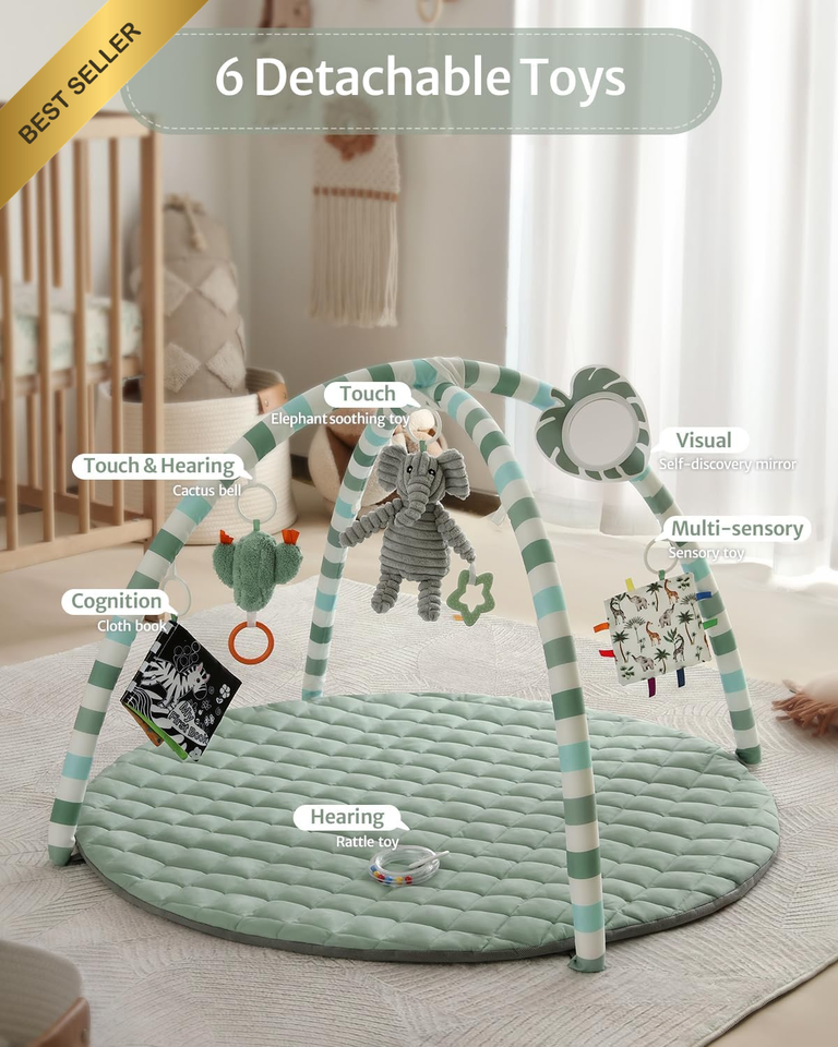 Baby Play Gym Mat 6 Toys Tummy Time Sensory Motor Skill Washable Sage ...
