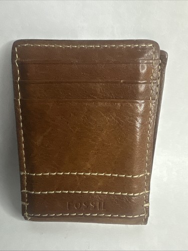 FOSSIL Men’s Brown Leather Card & ID Holder w/Money Clip Mini Card ...