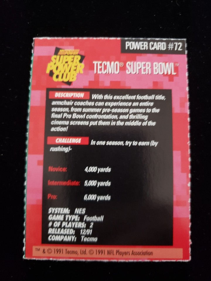 Nintendo Power Super Power Club Magazine Card #72 Tecmo Super Bowl ...
