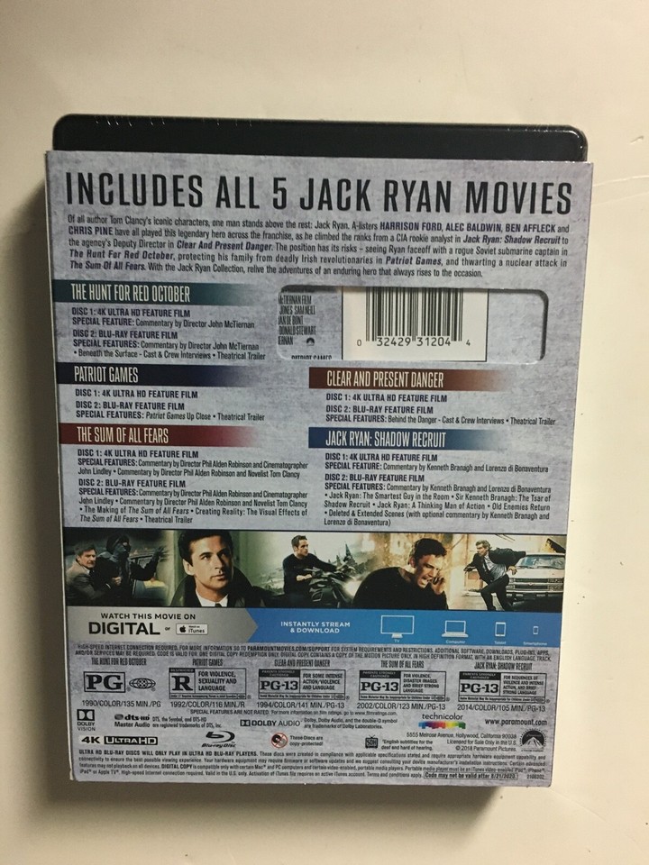 Jack Ryan: 5-Film Collection (4K UHD Blu-ray/Blu-ray,Digital HD) NEW w ...