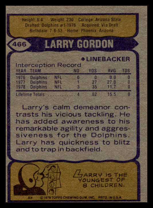 1979 Topps Larry Gordon #466 Miami Dolphins FREE SHIPPING | eBay
