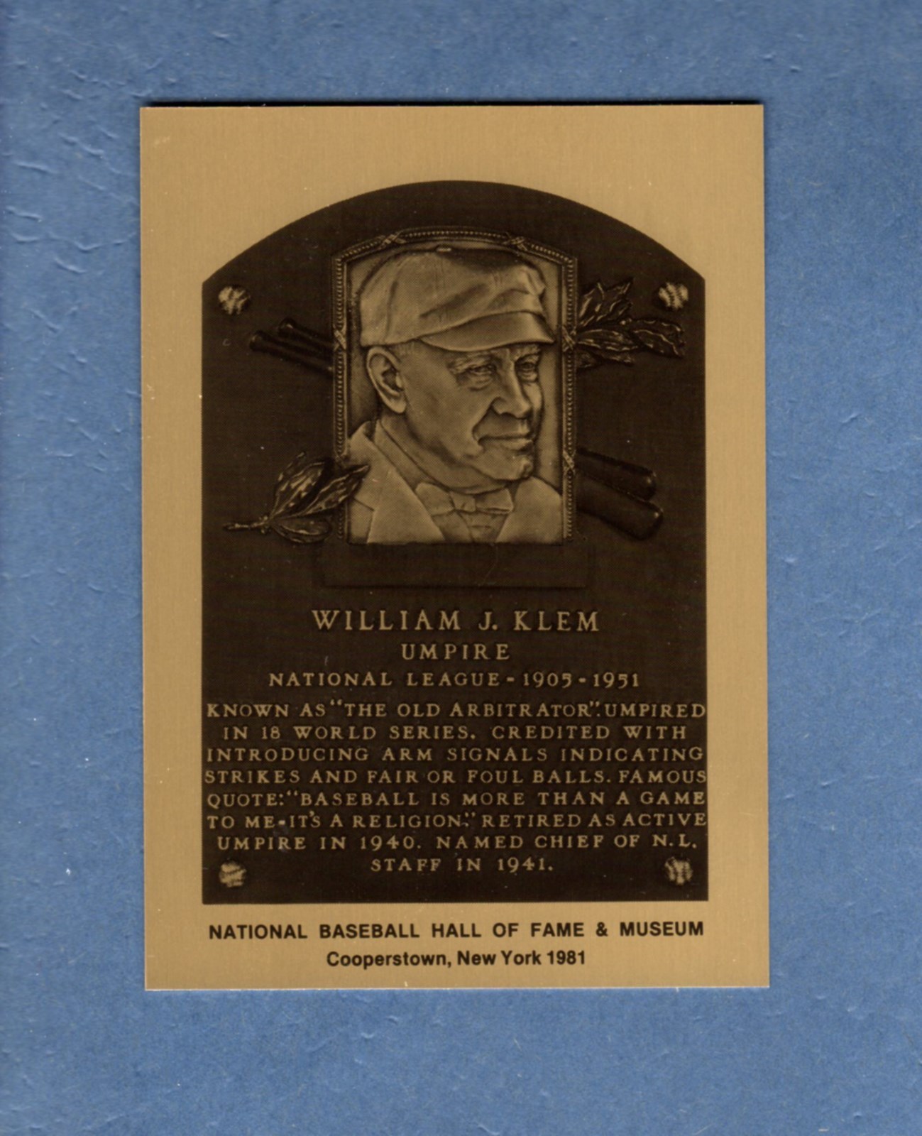 BILL KLEM, umpire ~ Official Baseball HOF METALLIC plaque-card | 1 of ...