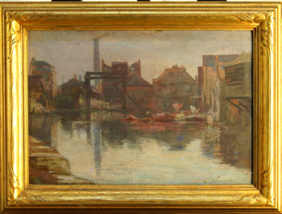Joseph Wolinski (1872 - 1955) Oil On Panel. Industrial River Scene. | eBay