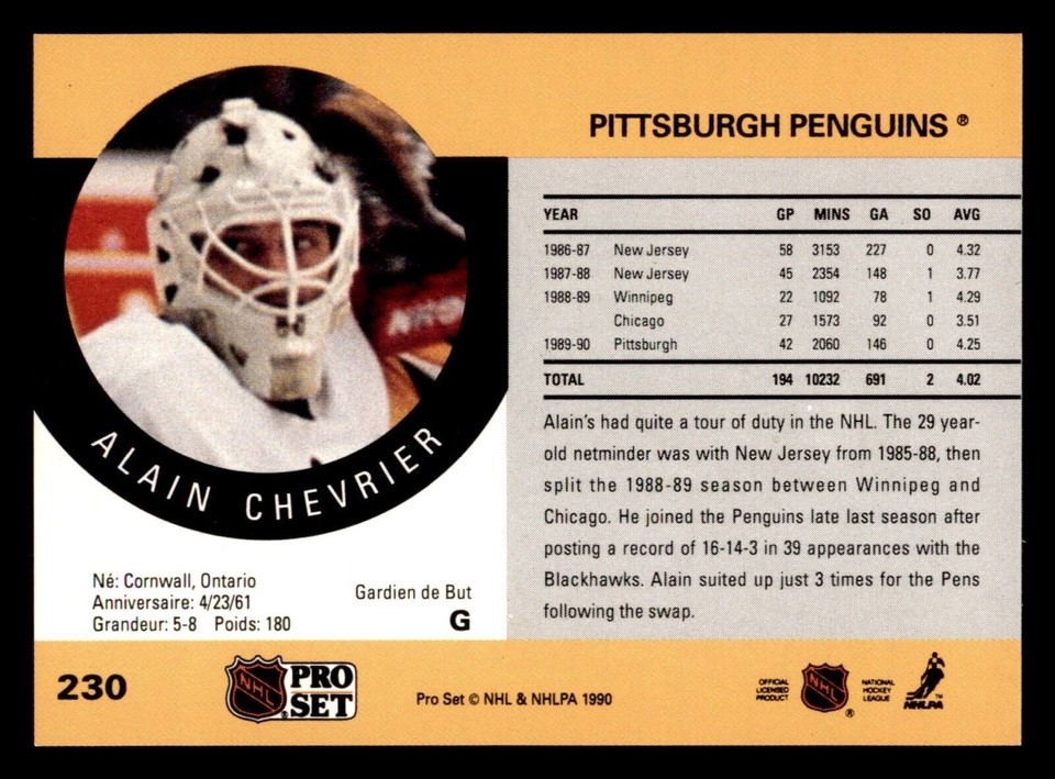 1990 Alain Chevrier 230 Penguins 30 Pro Set Hockey Sports Trading Card ...