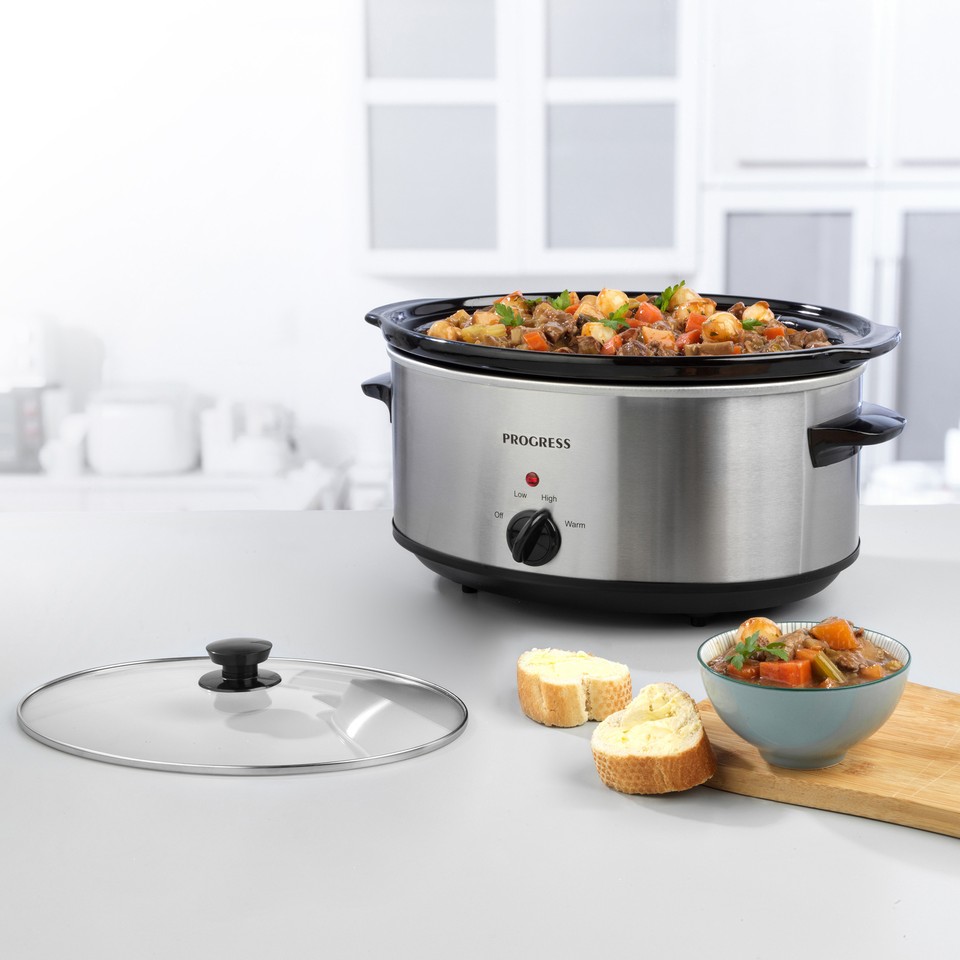 Progress 6.5L Slow Cooker & Glass Lid 3 Heat Settings Removable Cooking ...