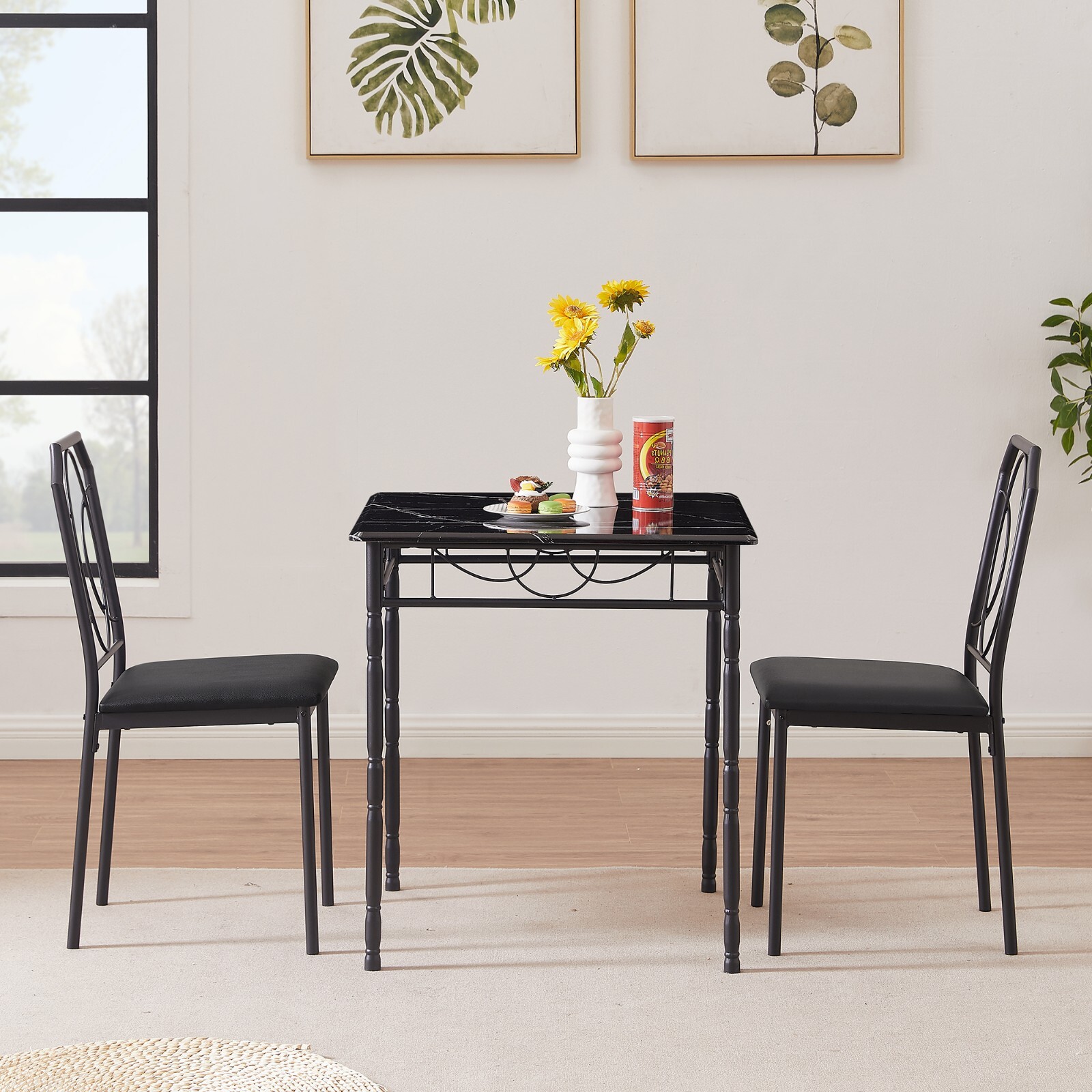 3 Pieces Dining Table Set 2 Chair Kitchen Breakfast Square Table Space ...
