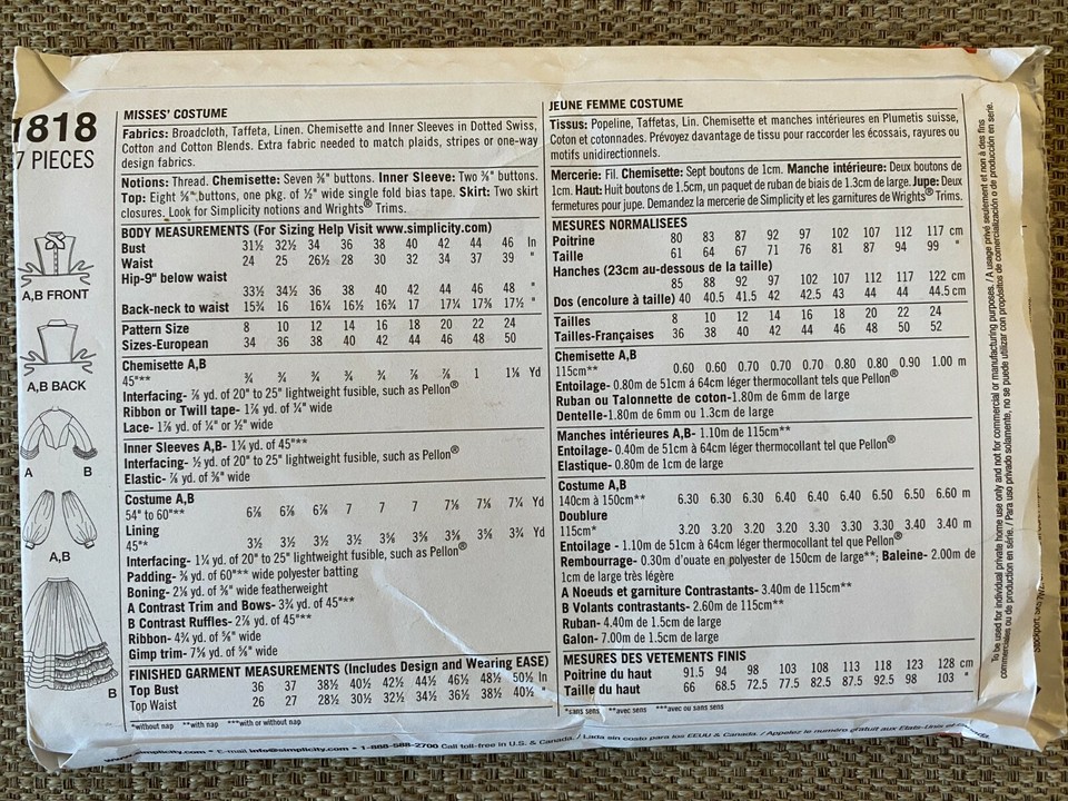 Simplicity 1818 KK Civil War Southern Belle Dress Sewing Pattern SZ 8 ...