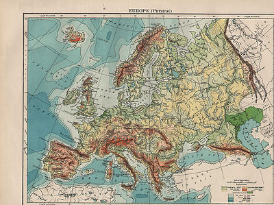 1902 MAP ~ EUROPE PHYSICAL ~ LAND HEIGHTS MOUNTAIN RANGES | eBay UK