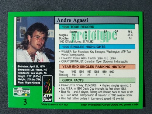 1991 Netpro ANDRE AGASSI rookie card ((( PROTOTYPE ))) RARE VARIATION ...
