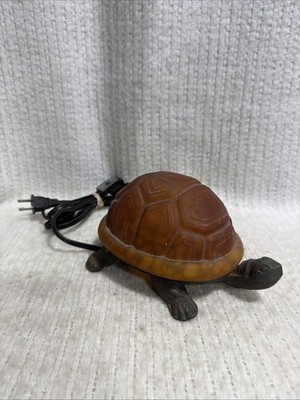 Turtle Lamp Frosted Amber Glass Shade Heavy Metal Base Table Decor ...