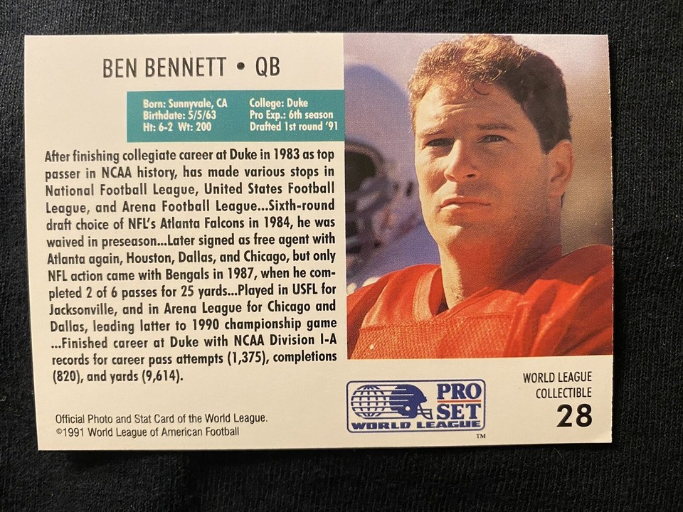 1991 Pro Set World League Ben Bennett Card #28 - Sacramento Surge | eBay