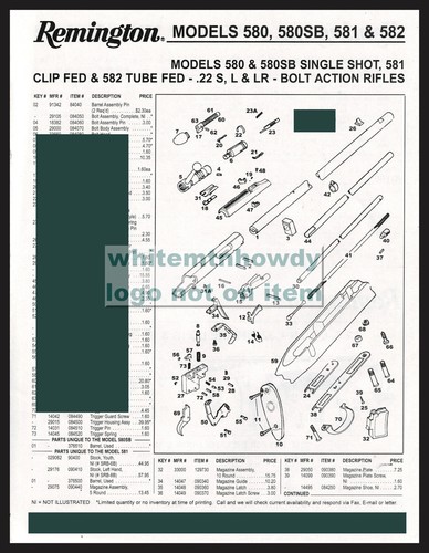 1999 REMINGTON Model 580, 580SB, 571, 582 Rifle Schematic Parts List | eBay