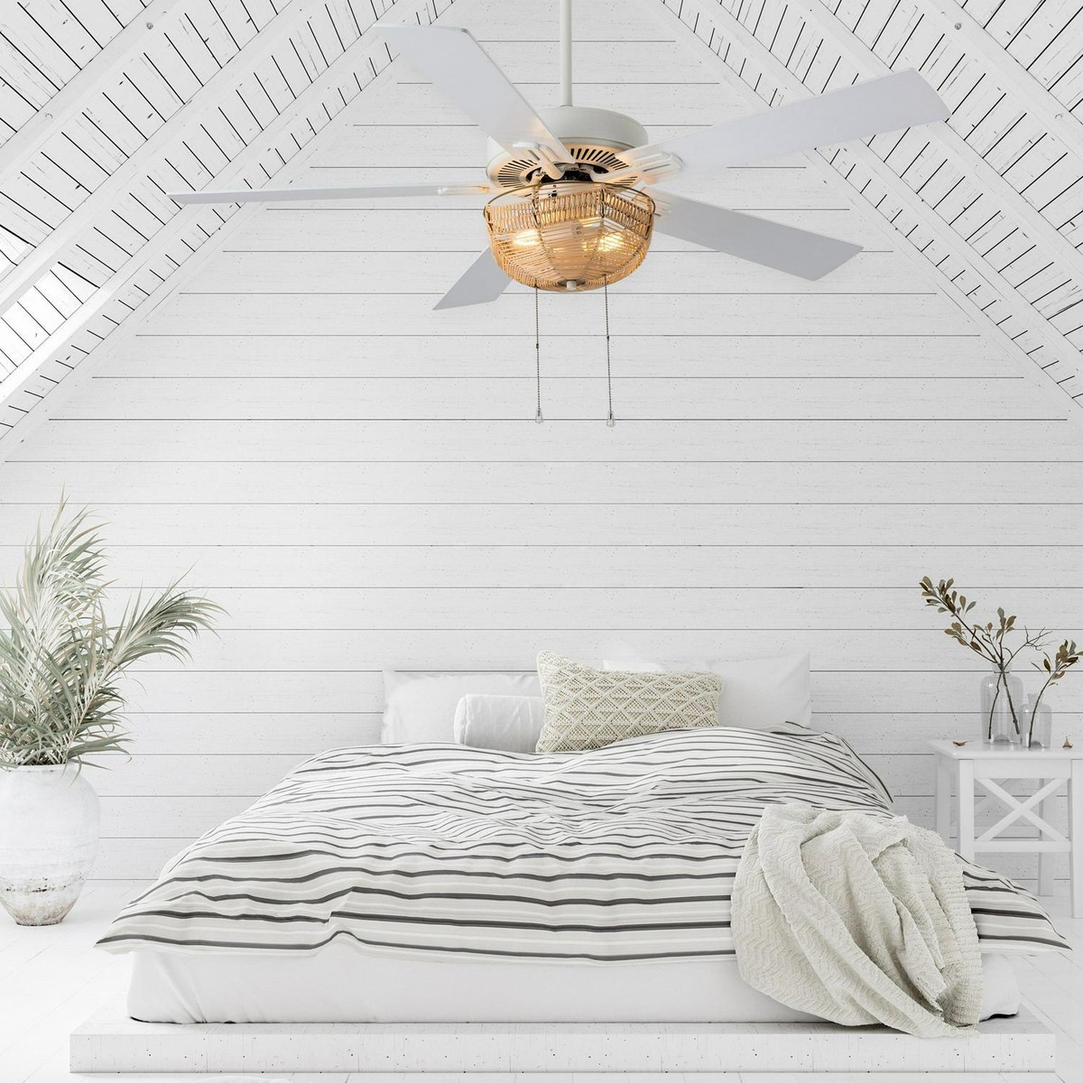 White Rattan Ceiling Fan With Light | Shelly Lighting