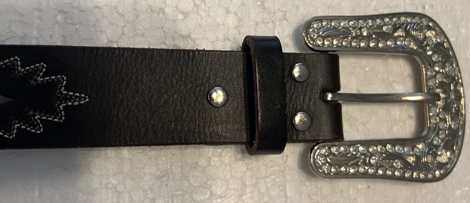 Ladies Brown Leather Belt with Conchos & Laser Cut Mask Pattern - Pre ...