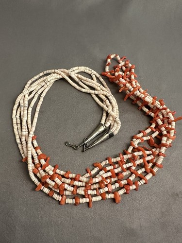 Vintage Native American 3-Strand Coral & Heishi Shell Necklace Sterling ...