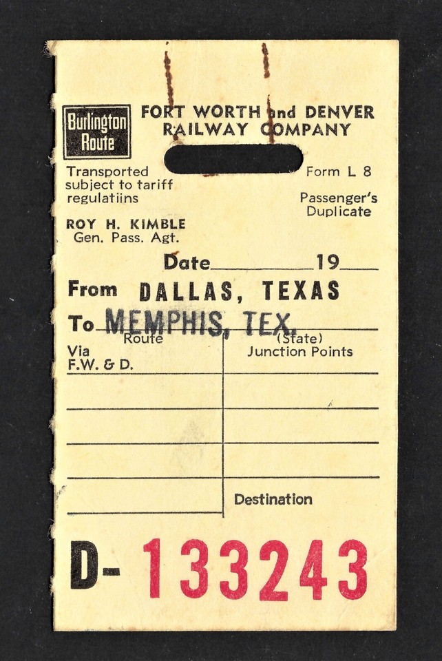 Ft Worth & Denver Railway Tag with Baggage Stamp from Dallas to Memphis ...