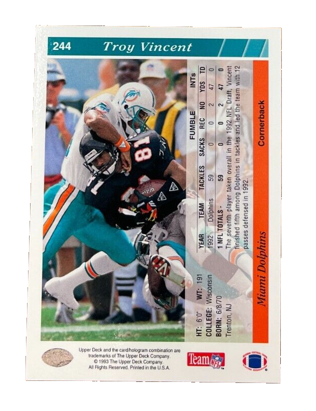 1993 UPPER DECK CARD # 244 Troy Vincent - Miami Dolphins | eBay